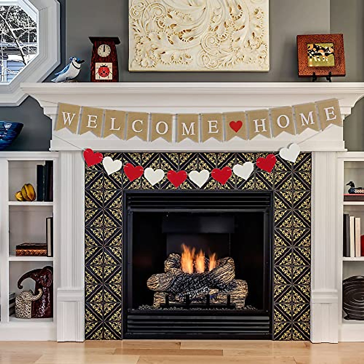 Welcome Home Banner, Rustic Burlap Welcome Home Signs, Welcome Home Decorations, Heart Garland Banner for Wall/Front Door