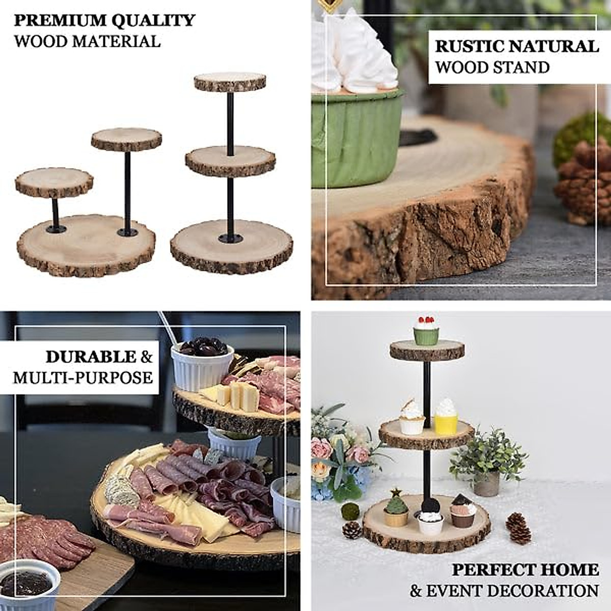 Efavormart 14" Tall | 3 Tier Rustic Wood Slice Cupcake Stand, Natural Wooden Cake Stand Dessert Display with Metal Poles