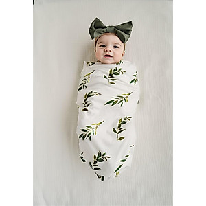 Little Jump stretchy baby Swaddle Blanket and Hat Bow Set, Olive Branches Jersey Cotton Receiving Blanket, newborn hospital outfit for Boys (Green)