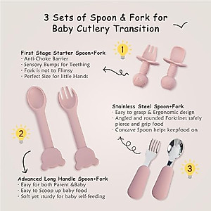 Baby Feeding Set, 13PCS Silicone Baby Self Feeding Set, Toddler Led Weaning Utensils Set with Suction Bowl and Plate, 3 Set of Baby Spoon and Fork, Adjustable Bid, Sippy Cup with Straw and 2 Lids