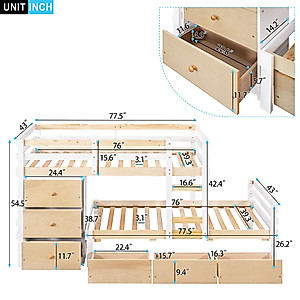 Bellemave Low Loft Bed with Storage Drawers and Dresser, Wood Twin Over Twin Bunk Bed Frame for 2 Kids, Modern Junior Loft Beds with Storage and Platform Bed for Boys Girls Teen,White With Natural