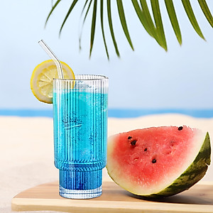 16oz Ribbed Drinking Glasses Set of 4, Clear Reusable Ribbed Glassware, Iced Coffee Cup, Cocktail Can Beer Glasses Cups with Straws, Vintage Wine Tea Water Glass Tumbler, Cute House Warming Gifts