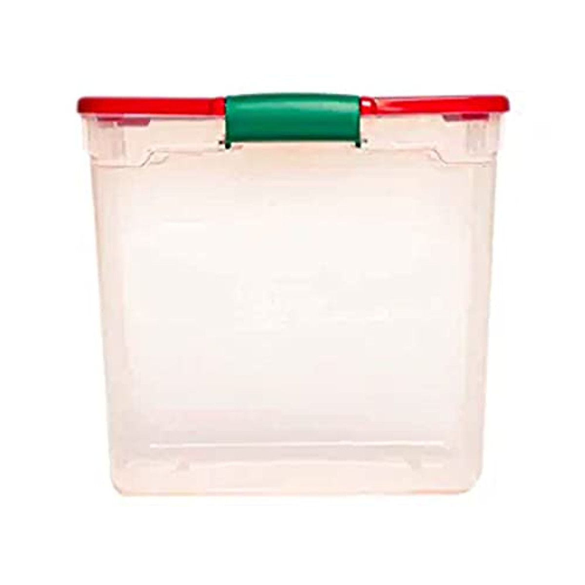 HOMZ 31 Quart Medium Latching Stackable Clear Plastic Holiday Decorations Storage Container Bin with Red Lid and Green Latch, 4 Pack