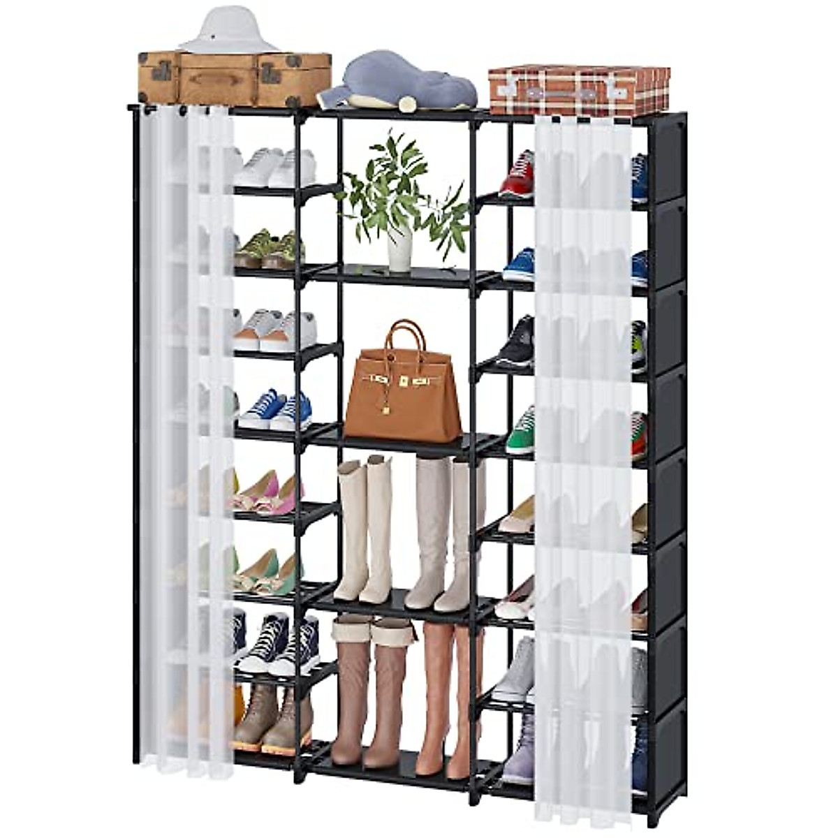 Buzowruil 9-Tier Large Shoe Rack - Metal Shoe Storage Tower with Curtain for Entryway, Holds 50-55 Pairs, Black