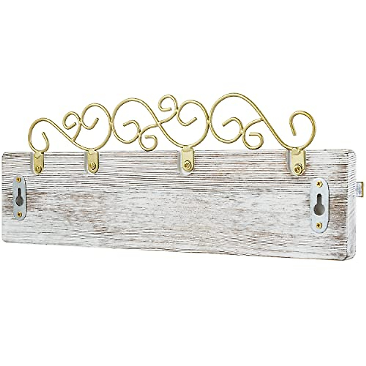 MyGift Vintage Whitewashed Wood Wall Mounted Sunglasses Rack, Entryway Glasses Holder Eyewear Display with Rail Hanger and Scrollwork Brass Tone Metal Design