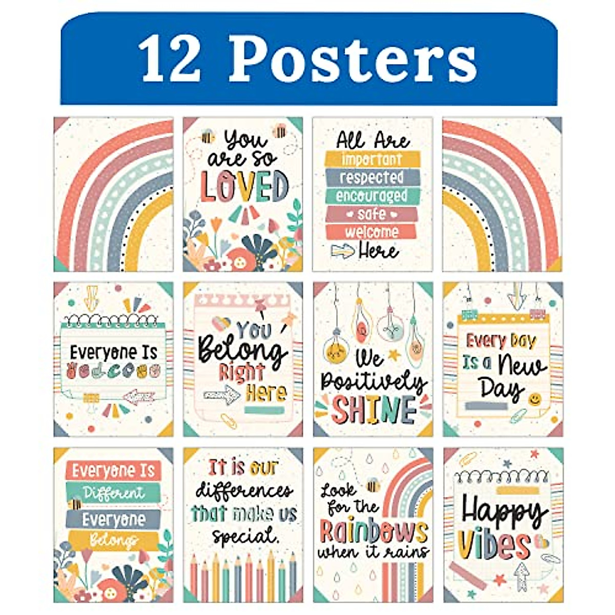 Carson Dellosa We Belong 12 Boho Rainbow Classroom Poster Set, Boho Neutral Motivational Mini Posters for Classroom, Wall Décor, Daycare, and Boho Neutral Classroom Décor