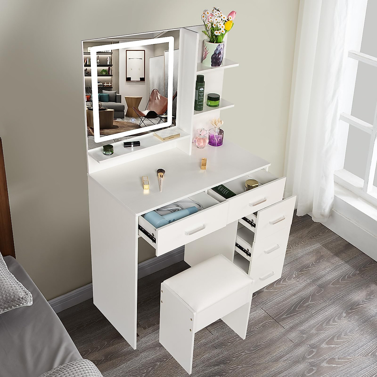Lucaseone Vanity Table with Lighted Mirror, Makeup Vanity with Lights and Drawers, Vanity Desk Dressing Table with Cushioned Stool for Bedroom (3080 LED White)