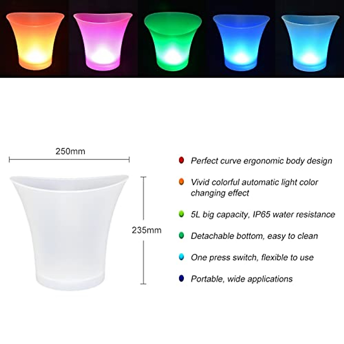Ice Bucket,Beer cooler,5L 6 Colors LED Light Up Champagne Beer Bucket Holder Bars Nightclubs Bars Night Party Wine Drink Beer Juice Buckets Ice Beverage Tub