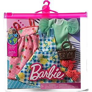 Barbie Fashions 2-Pack Clothing Set, 2 Outfits for Barbie Doll Include 2 Picnic-Themed Dresses & 2 Accessories Including Basket