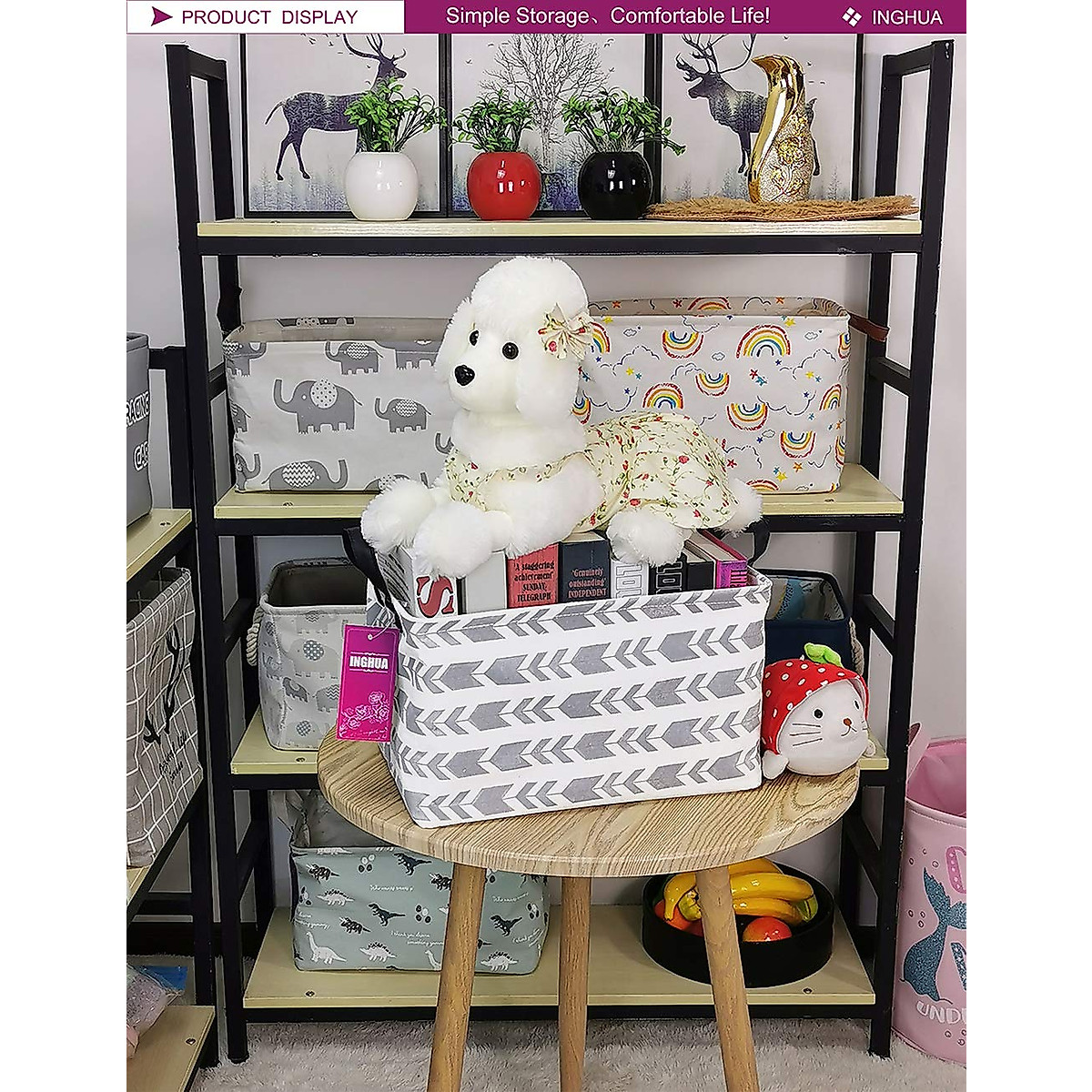 INGHUA Rectangular Storage Basket Fabric Organizer Bin for Toys,Books,Clothes,Gifts,Pets-Perfect for Home,Office,Nursery,Dorm,Shelf(Rec Grey Arrow)