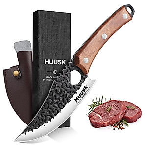 Huusk Knives Viking Knife with Sheath - Hand Forged Butcher Knife for Meat Cutting - High Carbon Steel Meat Cleaver Kitchen Knife - Multipurpose Japanese Chef Knives for Camping, Outdoor, BBQ