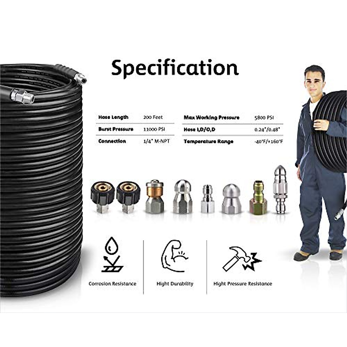 Sewer Jetter kit for Pressure Washer, 200 feet Hose, 1/4 Inch Drain Cleaning Hose,Button Nose & Rotating Sewer Jetting Nozzle,Sewer Jet kit for Pressure Washer,Jetter Hose, 4.5, 5.5, 4000 PSI (Black)