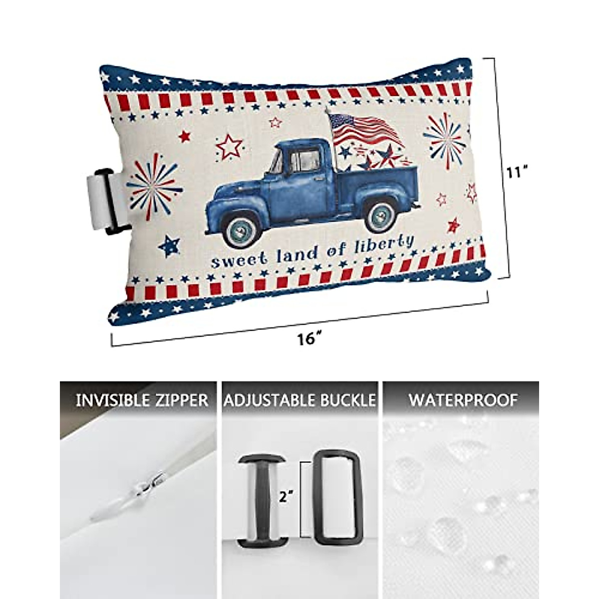 Recliner Head Pillow Ledge Loungers Chair Pillows with Insert 4th of July Truck Red and Blu Patriotic Retro Lumbar Pillow with Adjustable Strap Outdoor Waterproof Patio Pillows for Beach Pool, 2 PCS