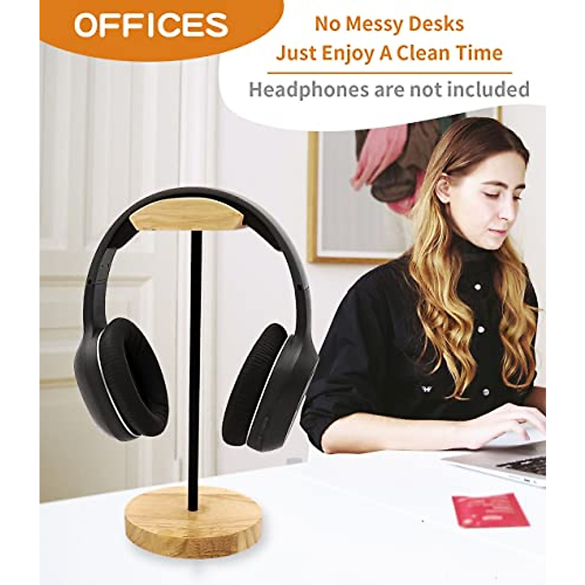 Bliocefo Headphone Stand Nature Wood & Aluminum Headset Hanger Mount Hook Gaming Holder Desktop Earphone Artful Functional Craftmanship Stand for All Headsets with Solid Wooden Base