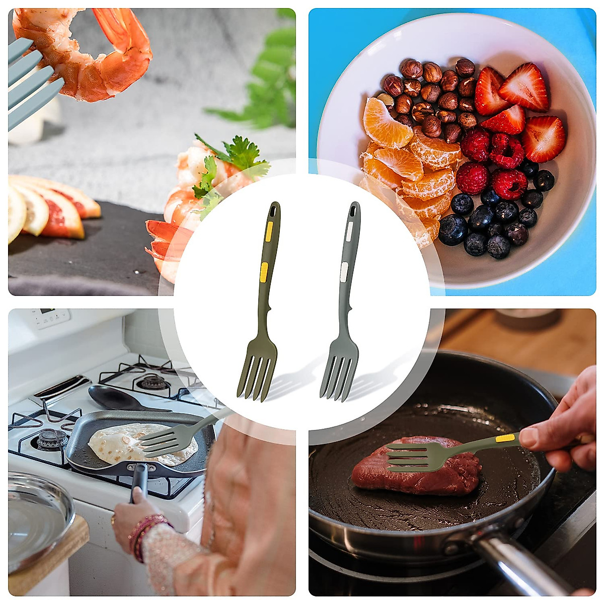 2pcs Silicone Flexible Forks, Large Silicone Cooking Fork Heat Resistant, Multifunctional Nonstick Blending Fork for Cooking Utensil for Kitchen Stir Mix Mash (Gray Green, Dark Green)