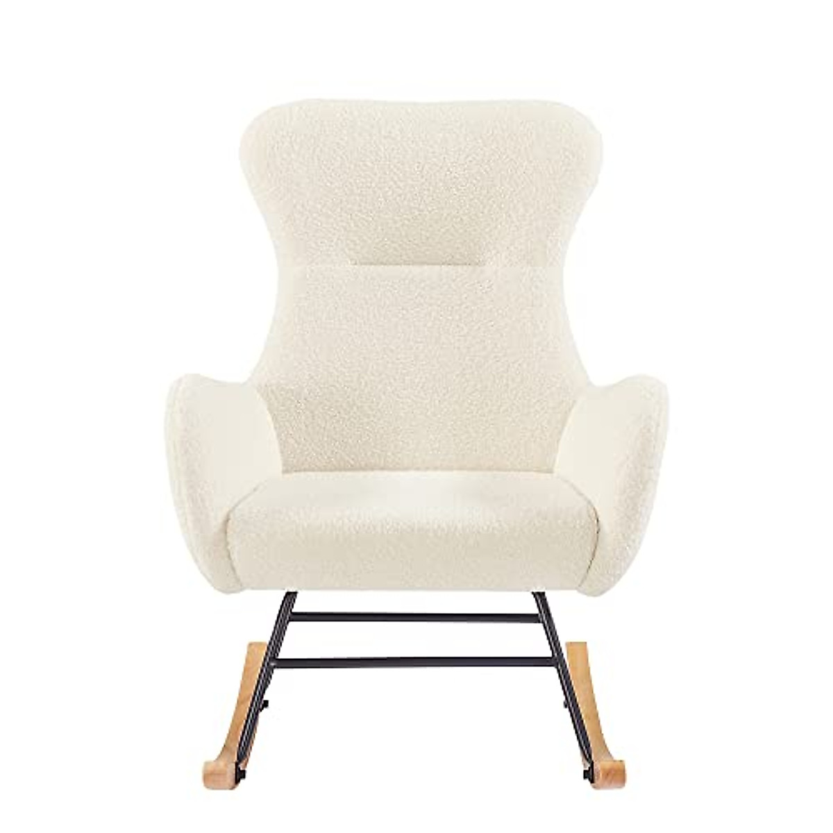 Recaceik Rocking Chair, Modern Teddy Fabric Rocker Glider Chair with High Backrest and Armrest, Comfy Side Chair Bedroom Living Room Chair Armchair, 2 Handy Pockets, Metal Frame, Wood Leg(Beige)