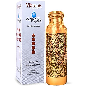 VIBRANIC Aquatic Copper Water Bottle 34oz - Leak Proof - Ayurvedic Copper Bottle for Sports, Fitness, Yoga - Natural Health Benefits - DARK EMBOSSED - Made in India
