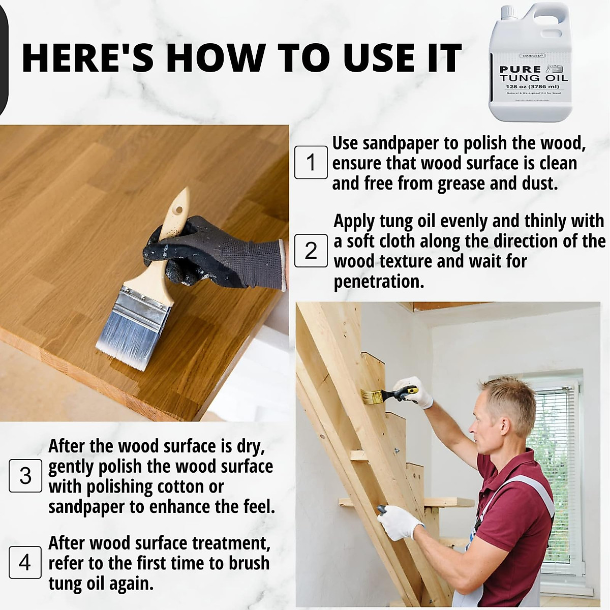 OAIEGSD 32 OZ Pure Tung Oil for Wood Finishing with Wood Brush, Waterproof Wood Sealer Indoor and Outdoor, 100% Pure Natural Tung Oil for Unfinished Bare Wood, Such as Wood Furniture, Wood Floors