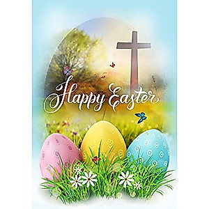 America Forever Happy Easter Garden Flag 12.5 x 18 Inch Religious Cross Holiday Spring Seasonal Yard Outdoor Decorative Double Sided Easter Eggs Garden Flag