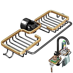 Gloserin Sponge Holder for Kitchen Sink,Adjustable Detachable Sponge Holder Over Faucet,Faucet Rack for Kitchen,Sink Caddy Sponge Holder,Kitchen Sink Organizer(Double with Dishcloth Rack, Gold)