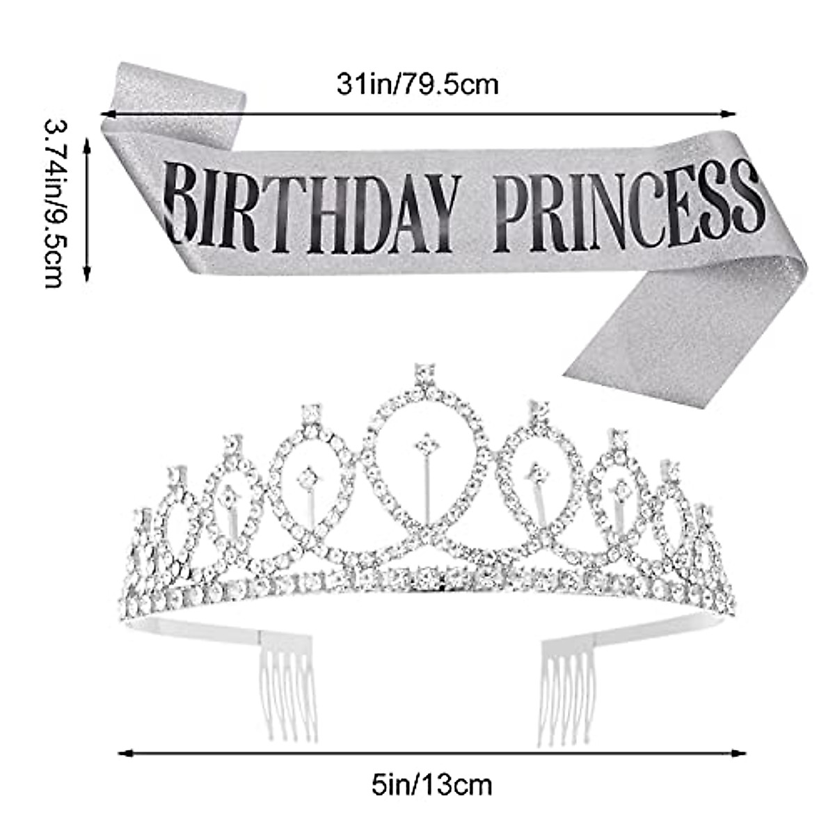 Rosavida 2-piece suit BIRTHDAY PRINCESS Sash and Rhinestone Tiara Kit Birthday Gifts Glitter Sash and Birthday Crowns for Women Girl Party Decoration (Silver)
