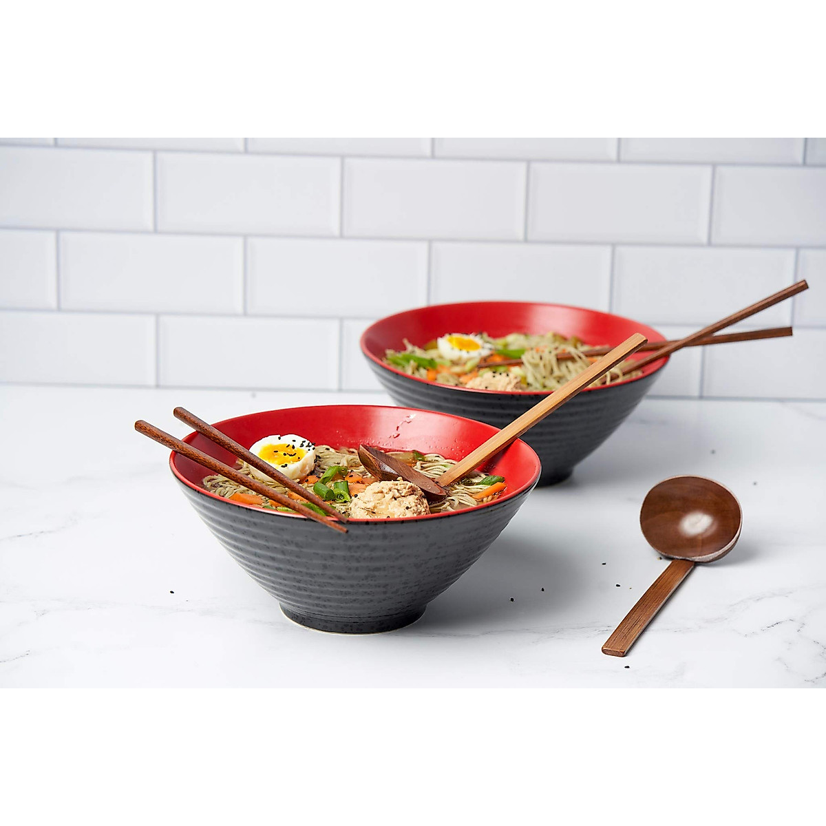 KooK Ceramic Japanese Ramen Bowl Set, with Wooden Spoons and Chopsticks, Noodle Soup Bowl, Microwavable, for Udon Soba Pho Asian Noodles, 60 oz, Black/Red, Set of 2