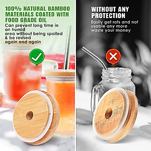 TRUSBER 4 Pack Reusable Bamboo Regular Mouth Drinking Lids with Straw Hole and Straw for Mason Jar (JAR NOT INCLUDED)