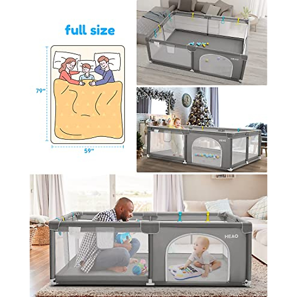 HEAO Baby Playpen for Toddler, Large Baby Playard 79 "X 59", Sturdy Play Yard with Soft Breathable Mesh, Safety Playpen for Babies, with 30 Pits Balls&Anti-Slip Base&6 Pull Rings, Light Grey