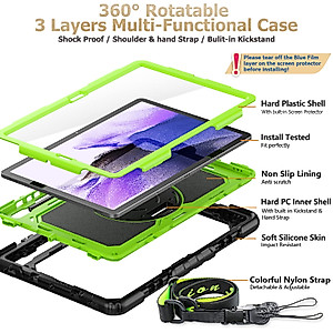 SEYMAC stock Case for Samsung Galaxy Tab S7 FE / S8 Plus 5G Case 12.4'' with Screen Protector Pencil Holder [360 Rotating Hand Strap] &Stand, Drop-Proof, Green/Black
