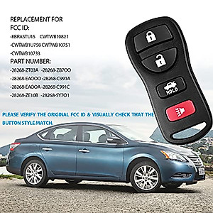 Remote Key Replacement for FCCID: KBRASTU15 CWTWB1U733 fits for 2003 2004 2005 2006 2007 2008 2009 Nissan 350Z Altima Nissan Armada Maxima Murano Quest/ 2007-2015 Nissan Sentra Versa Keyless Entry