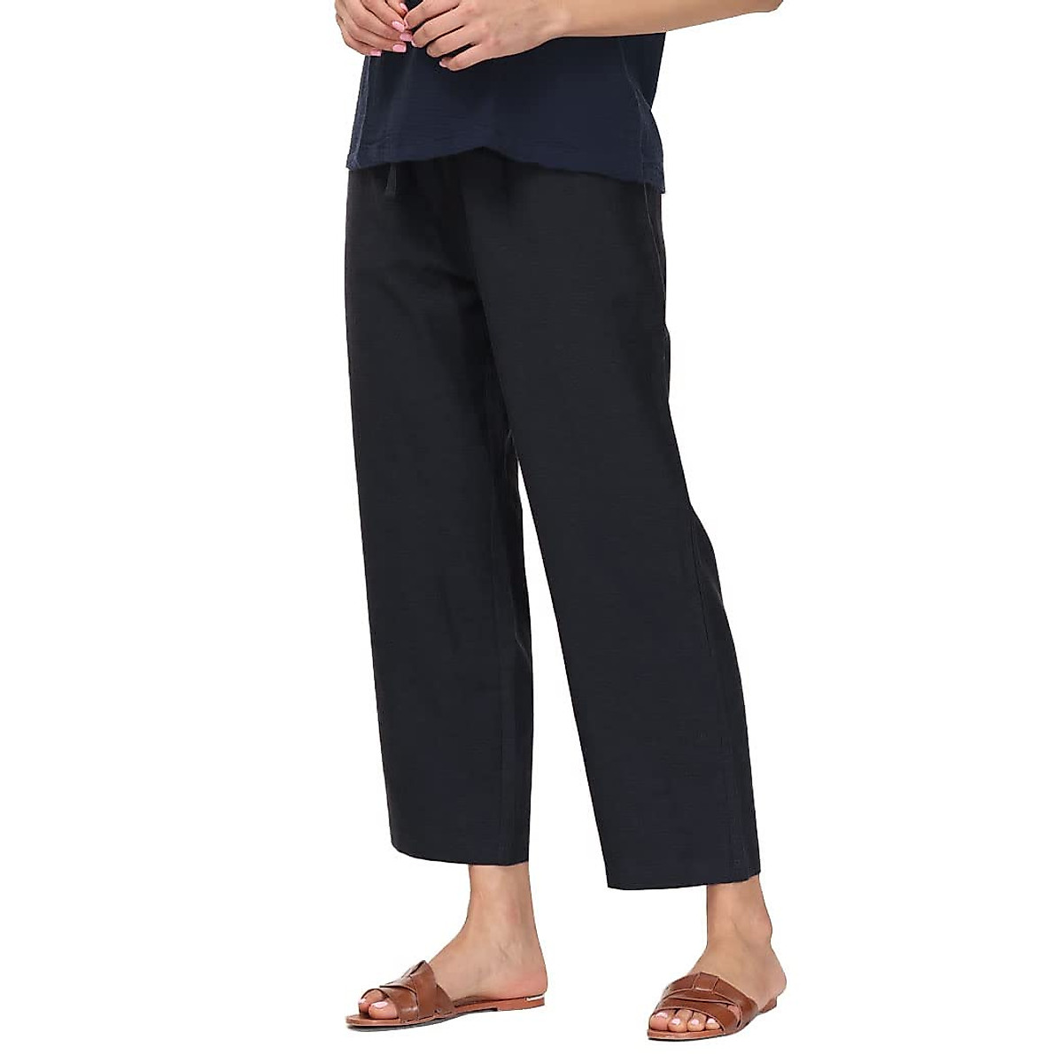 Soojun Women's Linen Blend Drawstring Wide Leg Cropped Pant, Black, Medium