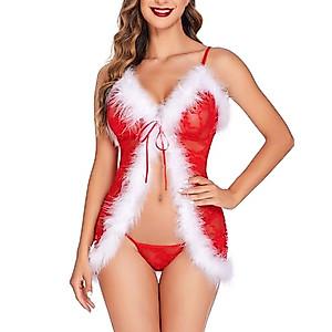 ADOME Christmas Lingerie for Women Lace Santa Babydoll Chemise Open Front Sleepwear