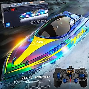 Akargol RC Boat with LED Light for Kids and Adults - Remote Control Boat for Pools and Lakes 2.4 GHZ RC Boats with 2 Rechargeable Battery