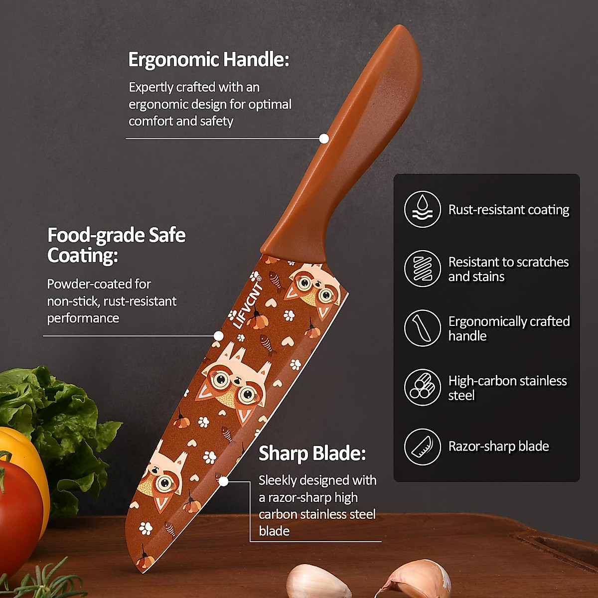 Kitchen Knife Set 6 Piece, Multi Color Cartoon Pattern Knives Set, Ergonomic Handles, Stainless Steel Knife, Knife Set without Block