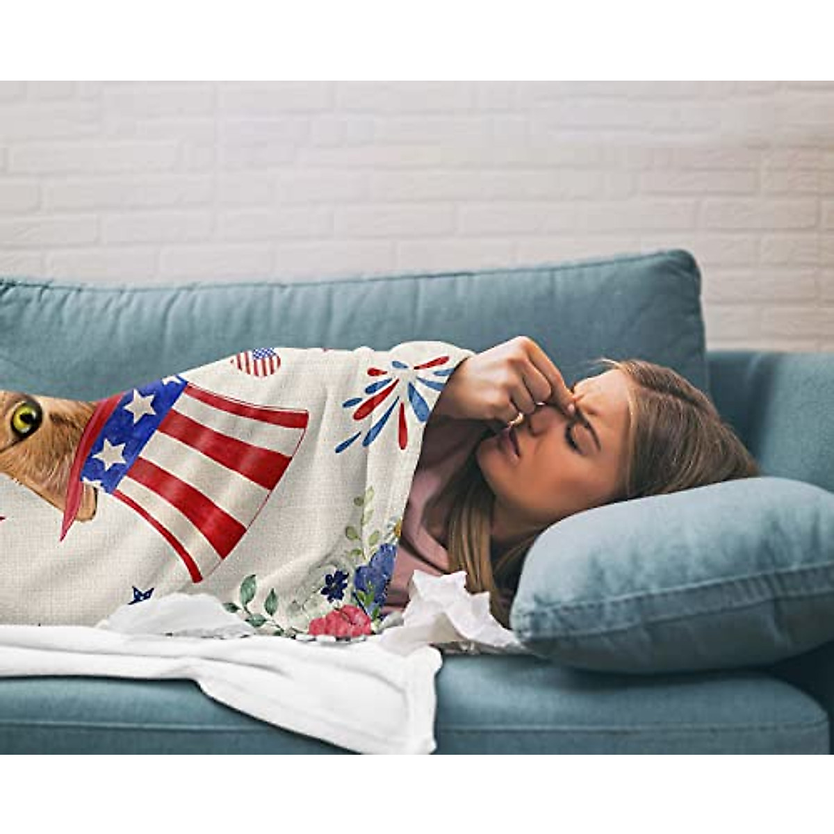 Flannel Fleece Throw Blanket Cute Cat USA Flag Independence Day Star Poppy Floral,Lightweight Cozy Warm Throws Patriotic Fireworks on Cotton,Soft Plush Blankets for All Seasons,Bed Couch Car 50x60in