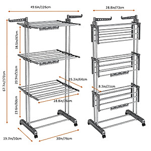 4 Tier Clothes Drying Rack Oversized, Foldable& Adjustable Height Rolling Clothes Rack Stainless Steel with 4 Castor, 24 Drying Poles,14 Hook& 2 Sock Clippers, Drying Rack Clothing for Indoor& Outdoor