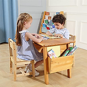 KRAND Kids Solid Wood Table and 2 Chair Set with Storage Desk and Chair Set for Children Toddler Activity Table (Solid Wood/Natural)