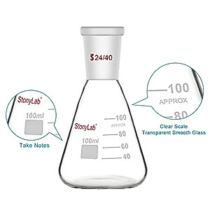 StonyLab Glass 24/40 Erlenmeyer Flask, Borosilicate Glass Heavy Wall Flask with 24/40 Standard Taper Outer Joint, 100ml