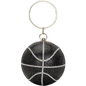 QZUnique Basketball Crossbody Purse Rhinestones Evening Clutch Women Round Ball Handbag Glitter Shoulder Bag for Weeding Party Black