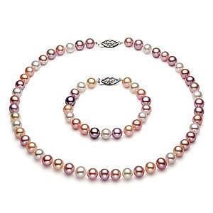 Stunning 7-7.5mm Multicolor Freshwater Cultured Pearl Set AA+ Quality Sterling Silver Clasp - PremiumPearl