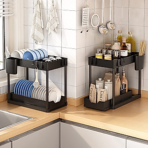 Fixwal Under Sink Organizer and Storage, 2-Tier Bathroom Organizer, Kitchen Organization, Cabinet Organizer, Make Up Organizers and Storage with Hooks, Hanging Cup and Dividers