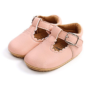 Baby Girls Mary Jane Flats Rubber Sole Infant Toddler Walking Shoes Moccasinss Princess Crib Wedding Dress Shoes, Pink 6-12 Months