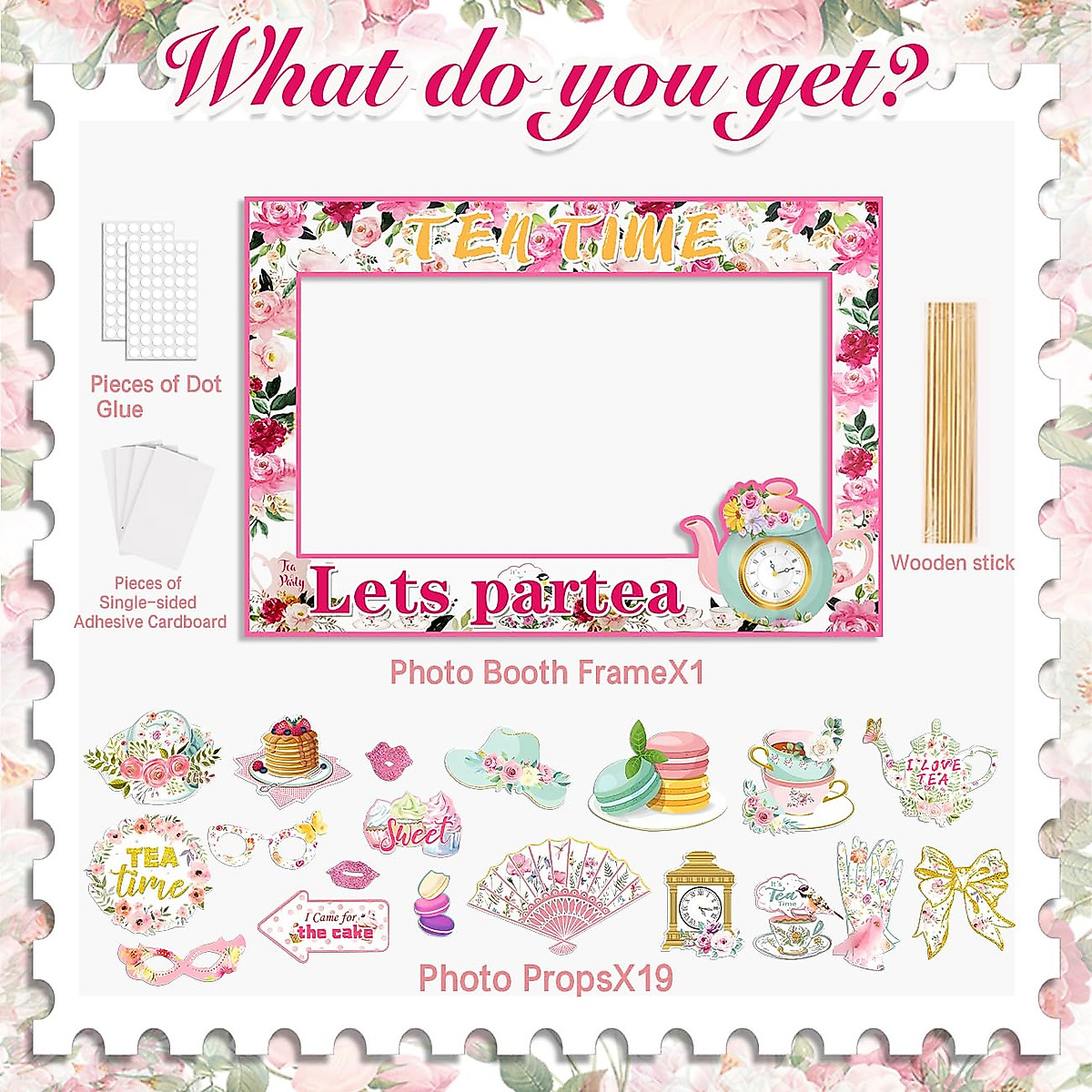 Tea Party Decorations, Floral Lets Partea Photo Booth Frame with 20 Pcs Tea Party Photo Booth Props Garden Party Decorations for Women Tea Party Theme Bridal Shower Birthday Party Supplies