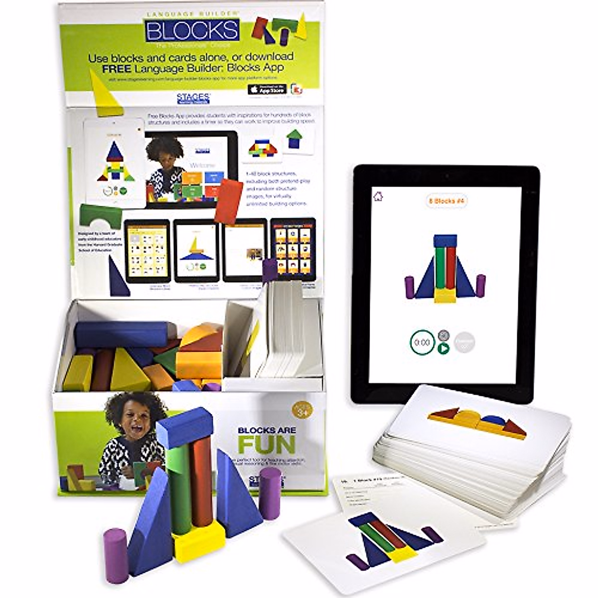 Stages Learning Materials Language Builder Block Imitation Kit Curriculum for Autism & Preschool 120 Pretend Play Flashcards, 40 Wood Blocks, iPad App
