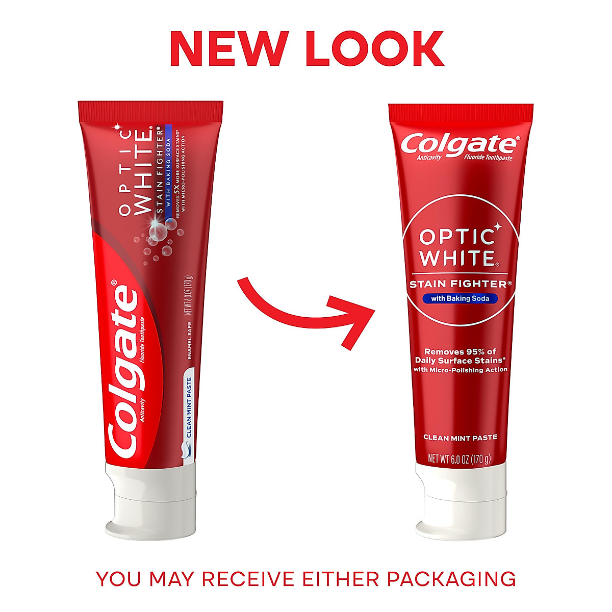 Colgate Optic White Stain Fighter with Baking Soda Whitening Toothpaste, Clean Mint Flavor, Removes Surface Stains, Enamel-Safe for Daily Use, Teeth Whitening Toothpaste with Fluoride, 6 Oz Tube
