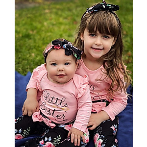 AMAWMW Sister Matching Outfits Pink Ruffle Long Sleeve Shirt Flowers Pants with Headband 3Pcs Clothes Set(0-3 Months, Little Sister, Pink-2)