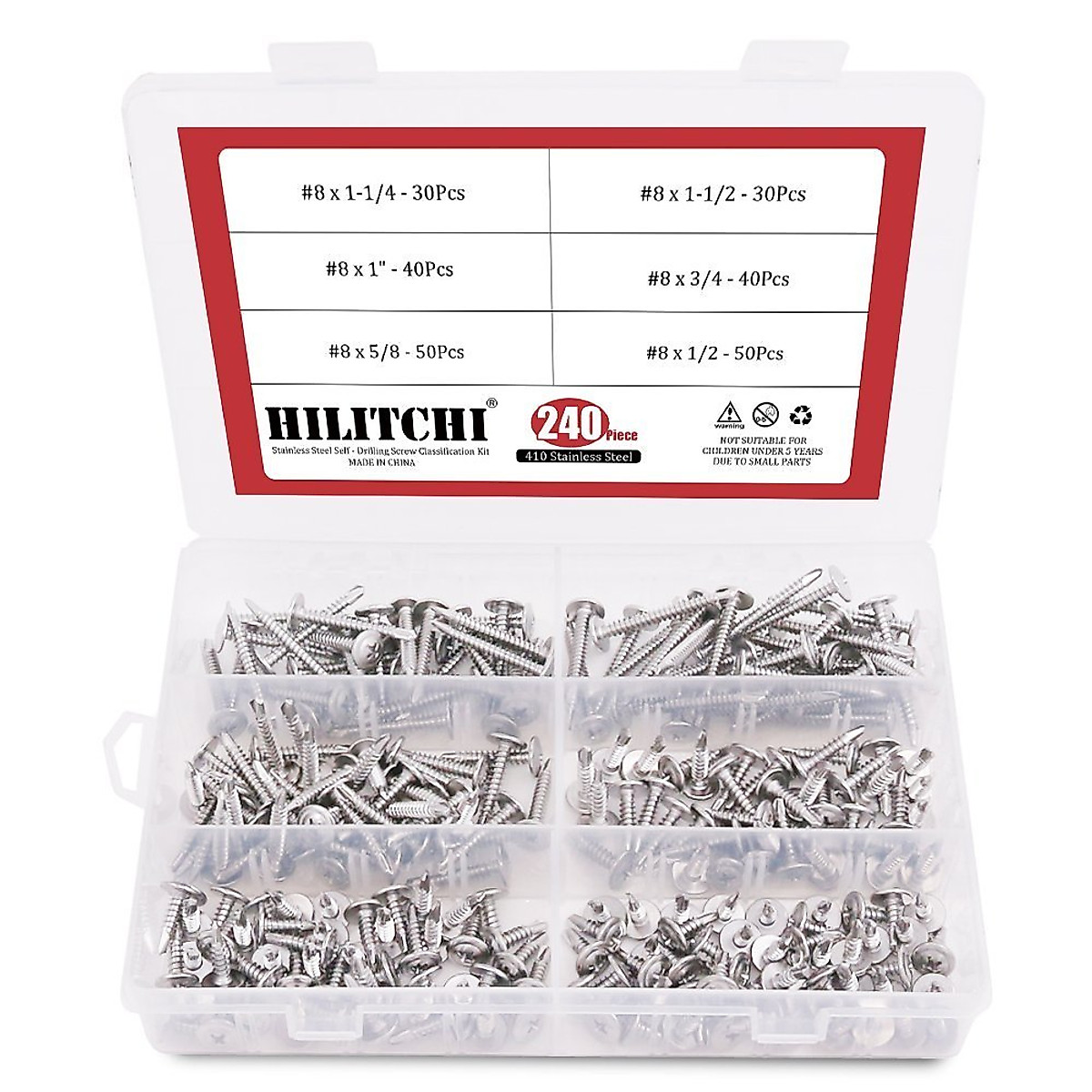 Hilitchi 410 Stainless Steel Wafer Head Phillips Self Drilling Screws Sheet Metal Tek Screws Assortment Kit, Modified Truss Head Self Driller - Size: #8 x 1/2" ~ #8 x 1-1/2" (Pack of 240)