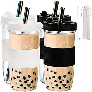 Youeon 4 Pack 24 Oz Reusable Boba Cup with Lids and Straw, Iced Coffee Cups Glass Smoothie Cups, Bubble Tea Cups Mason Jar Cups with Silicone Sleeve, BPA Free, Dishwasher Safe, 2 Colors