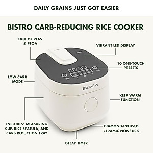 GreenPan Carb Reducing Electric Rice Cooker, 4 Cups Uncooked/8 Cooked Rice, 10 Presets, LED Display, Healthier Meals, Delay Timer, PFAS-Free Ceramic Nonstick Removable Bowl, Cool Touch, Steam, White