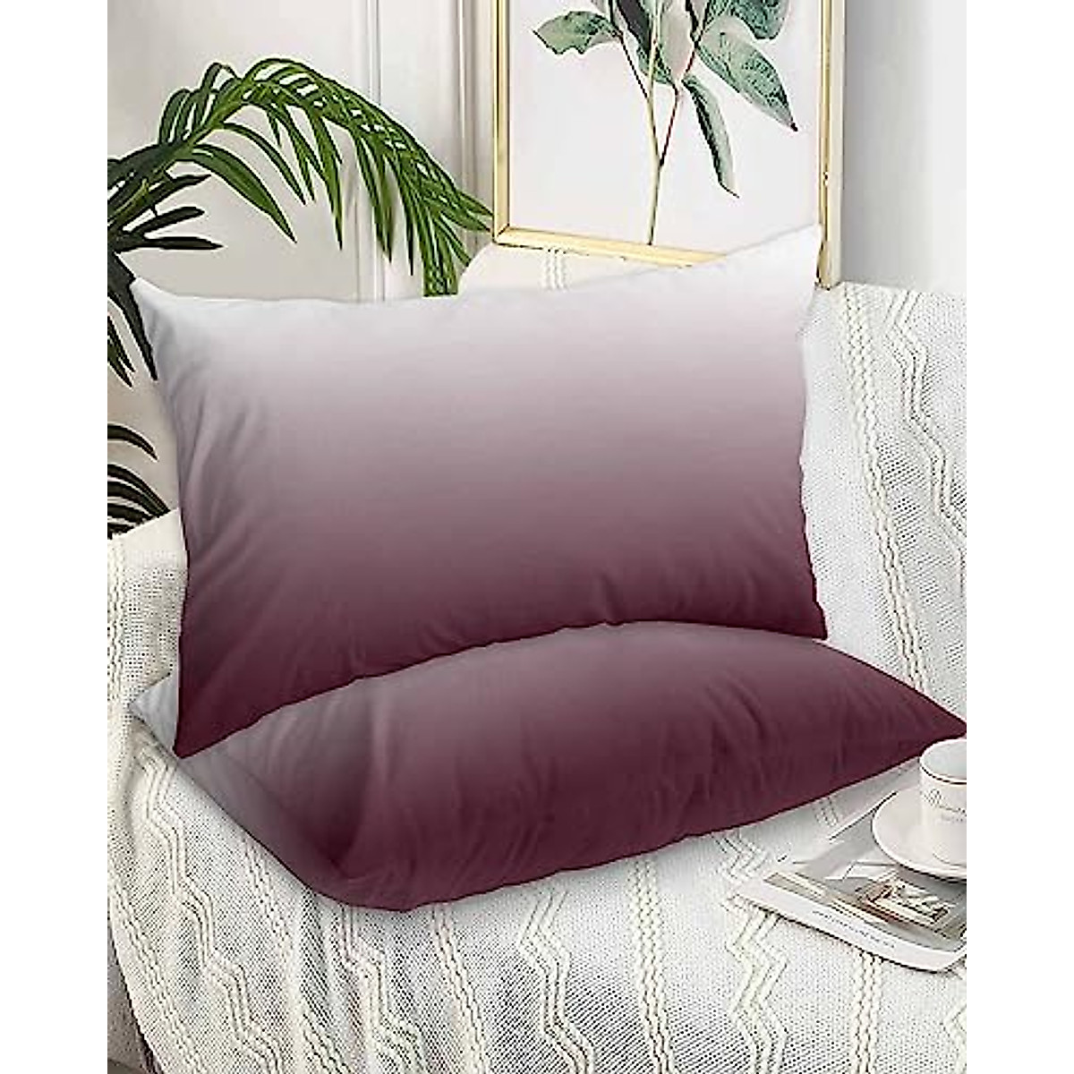 Edwiinsa Wine Red Ombre Pillow Covers Standard Size Set of 2 20x26 Bed Pillow, White Modern Abstract Art Aesthetics Plush Soft Comfort for Hair/Skin Cooling Pillowcases with Envelop Closure